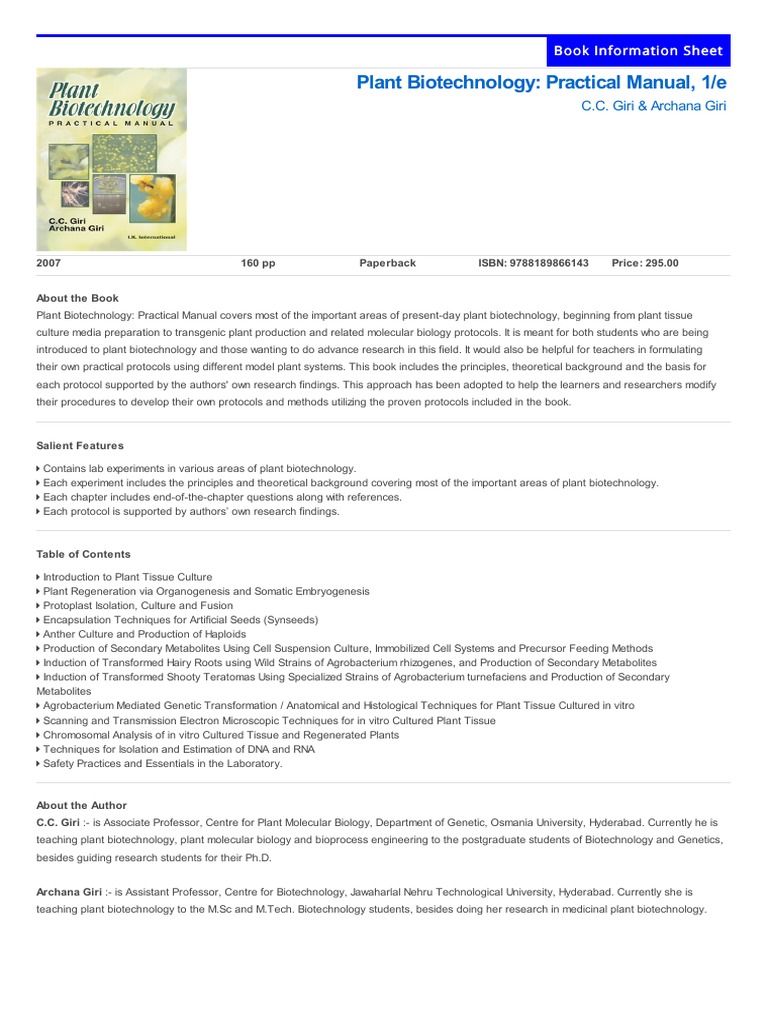 Plant Biotechnology: Practical Manual, 1/e: Book Information Sheet Book ...