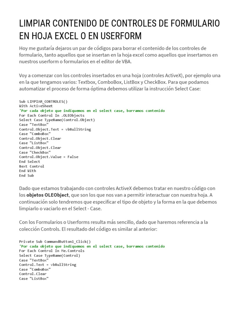 Limpiar Contenido de Formulario en Excel o en Userform | PDF | Métodos ...