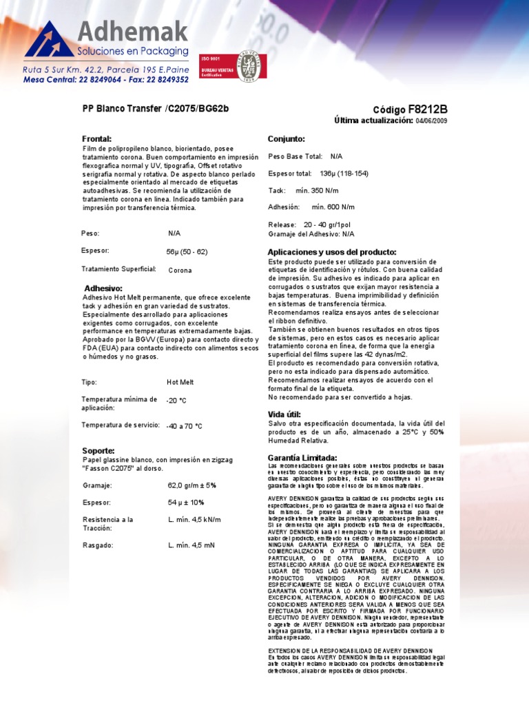 PP BlANCO TRANSFER C2075 BG62b (F8212B) | PDF