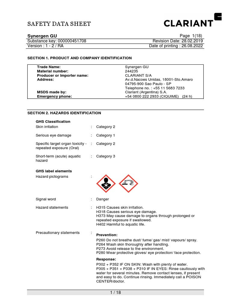 Clariant SDS Synergen GU Argentina English | Download Free PDF ...