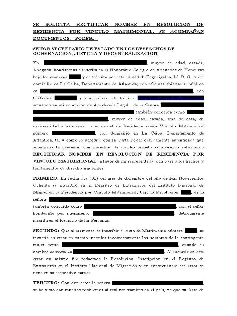 Formato Solicita Rectificar Nombre en Resolucion de Residencia Por ...