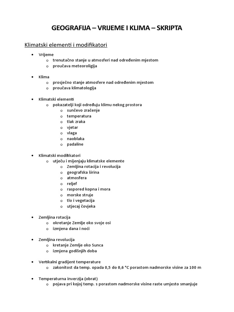 Geografija - Vrijeme I Klima - Skripta | PDF