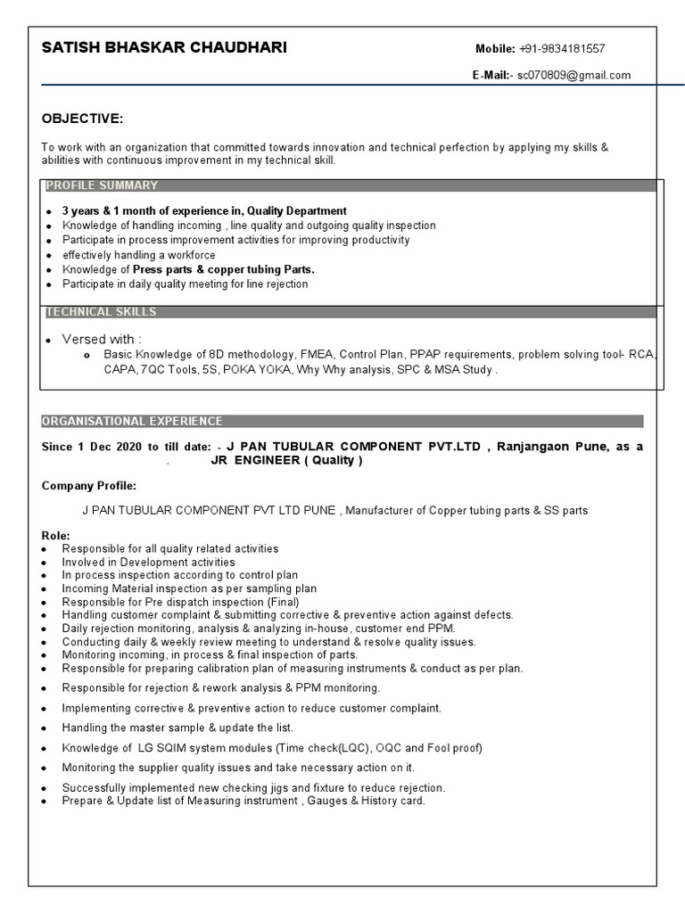 Quality CV, Resume Satish 1 9.22 | PDF