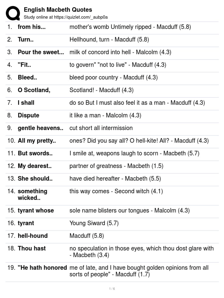 Key Quotes from Shakespeare's Macbeth with Analysis and Context | PDF ...