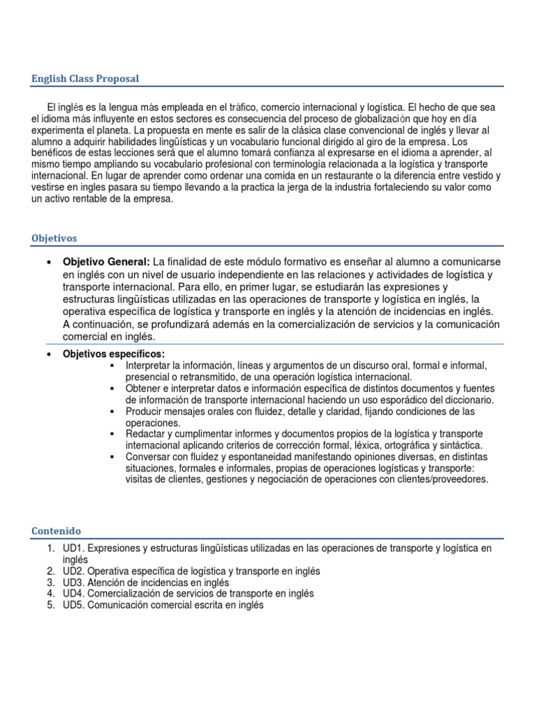 English Class Proposal | PDF | Logística | Idioma en Inglés