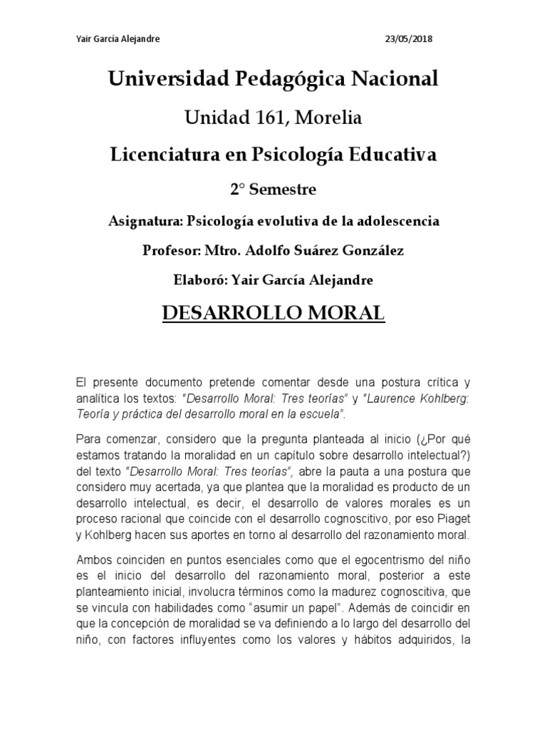 ENSAYO: DESARROLLO MORAL (La Moralidad) | PDF | Moralidad | Sicología