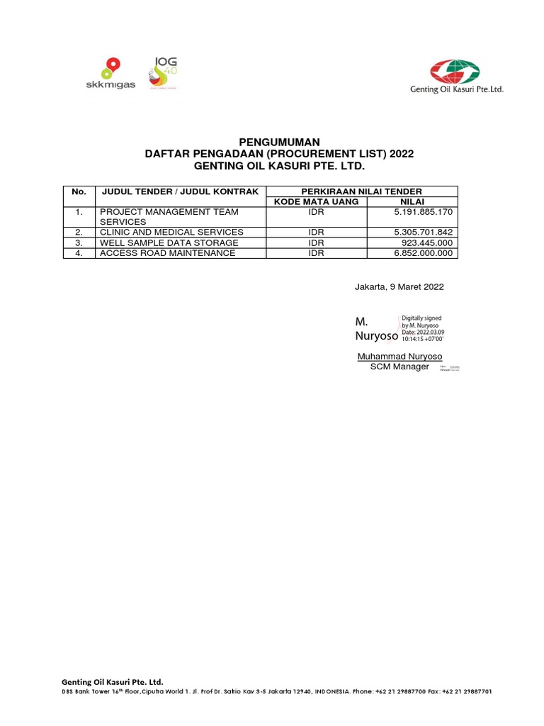 2022 Procurement List for Genting Oil | PDF