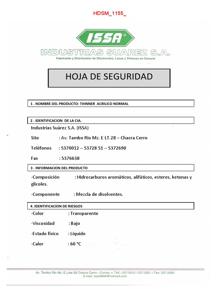HOJA DE SEGURIDAD. Industrias Suárez S.A. (ISSA) - Av. Tambo Rio Mz. E ...