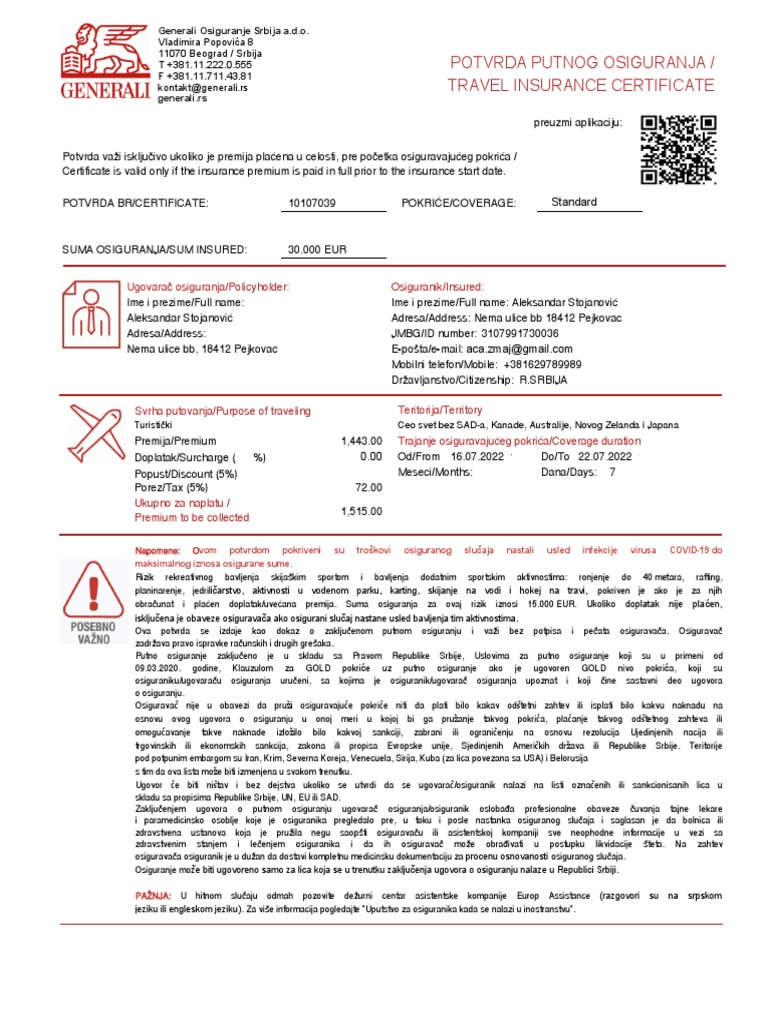 Potvrda o Putnom Osiguranju 10107039 637933907305018018 | PDF