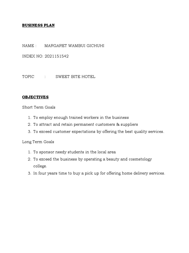 Business Plan Objectives (Sweet Bite Hotel) | PDF