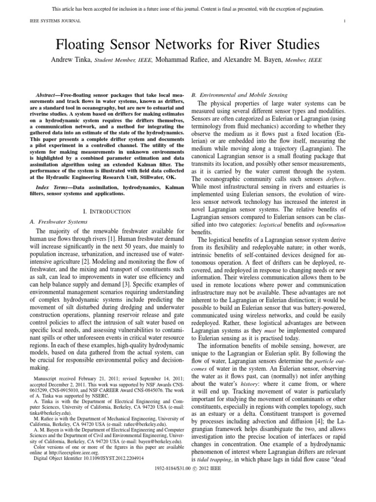 Floating Sensor Network River Studies 2012 | PDF | Kalman Filter | Embedded System