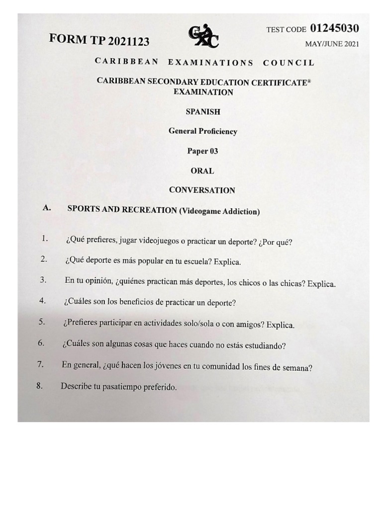 CSEC Spanish - June 2021 Oral Exams (Conversation) | PDF