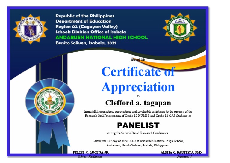 Certificate of Appreciation-Panelist | PDF | Wellness
