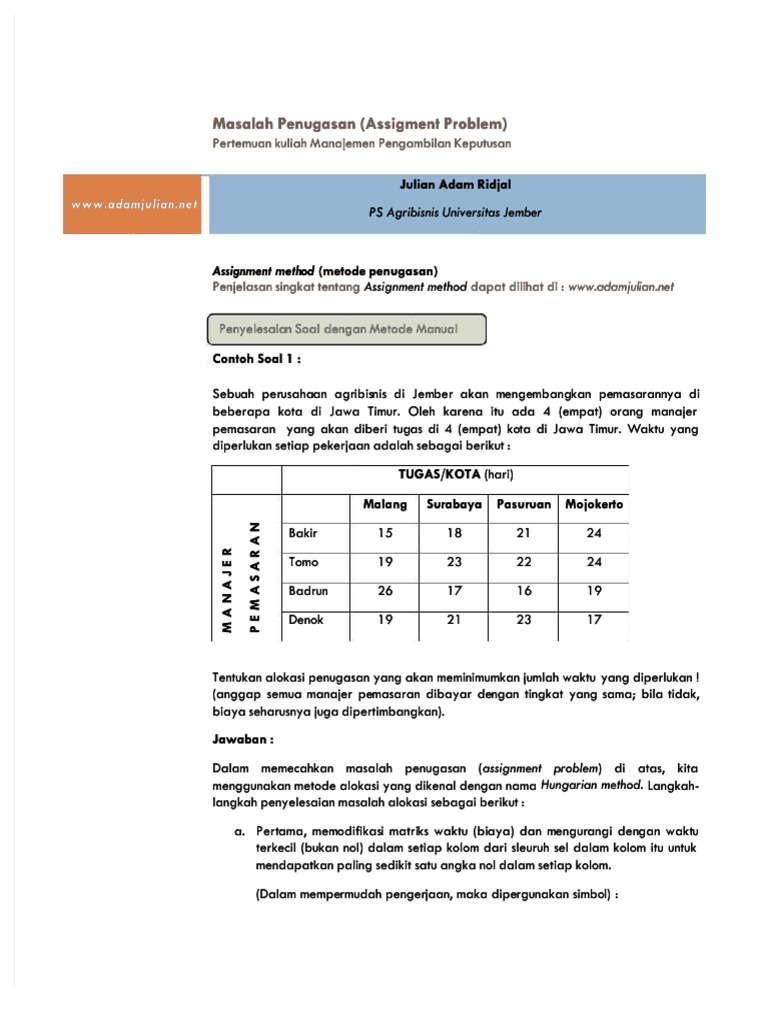 PDF Upload 1 Contoh Soal Masalah Penugasan Assignment Compress | PDF