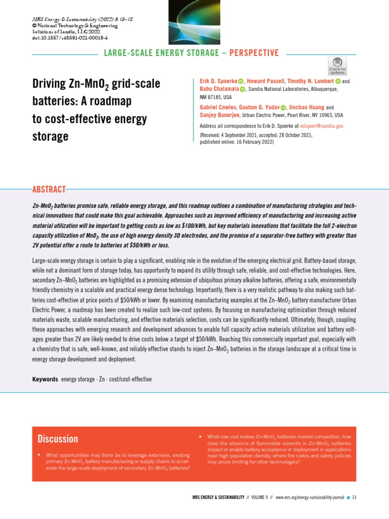 Driving ZN Mno Grid Scale Batteries: A Roadmap To Cost Effective Energy Storage | PDF ...
