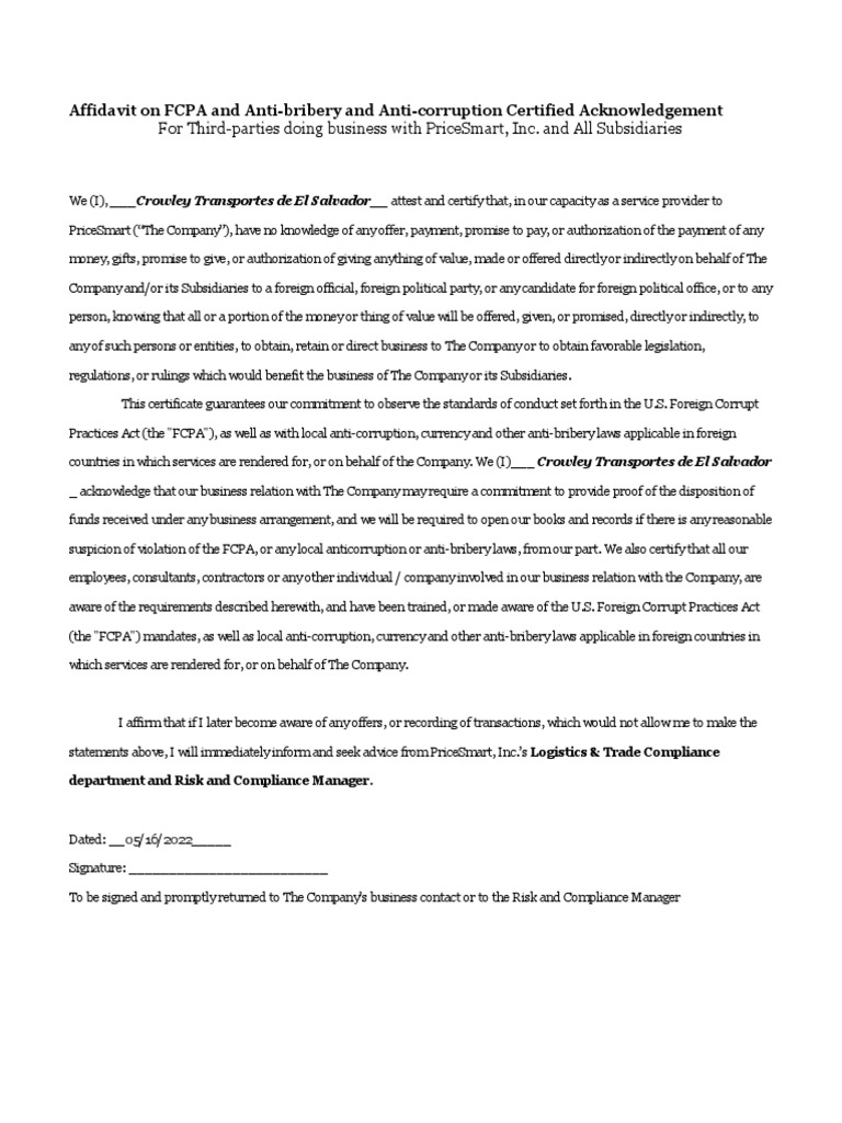 Affidavit On FCPA and Anti-Bribery and Anti-Corruption Certified Acknowledgement (Third-Party ...