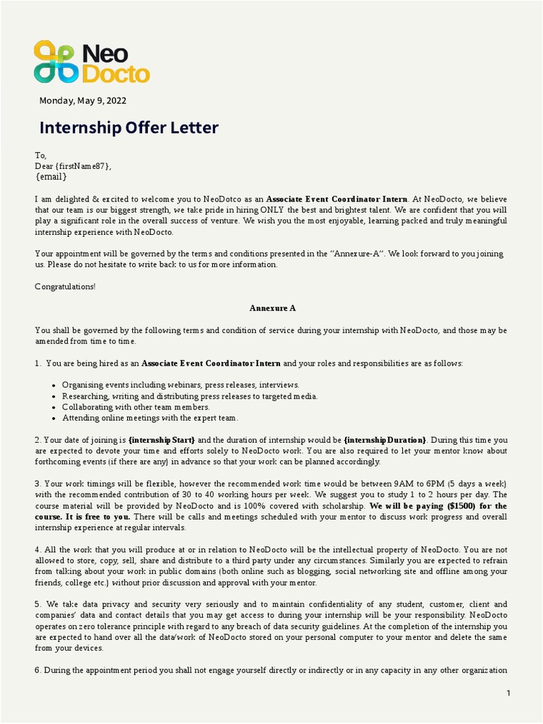 Internship Offer Letter: (Email) | PDF | Online And Offline | Communication