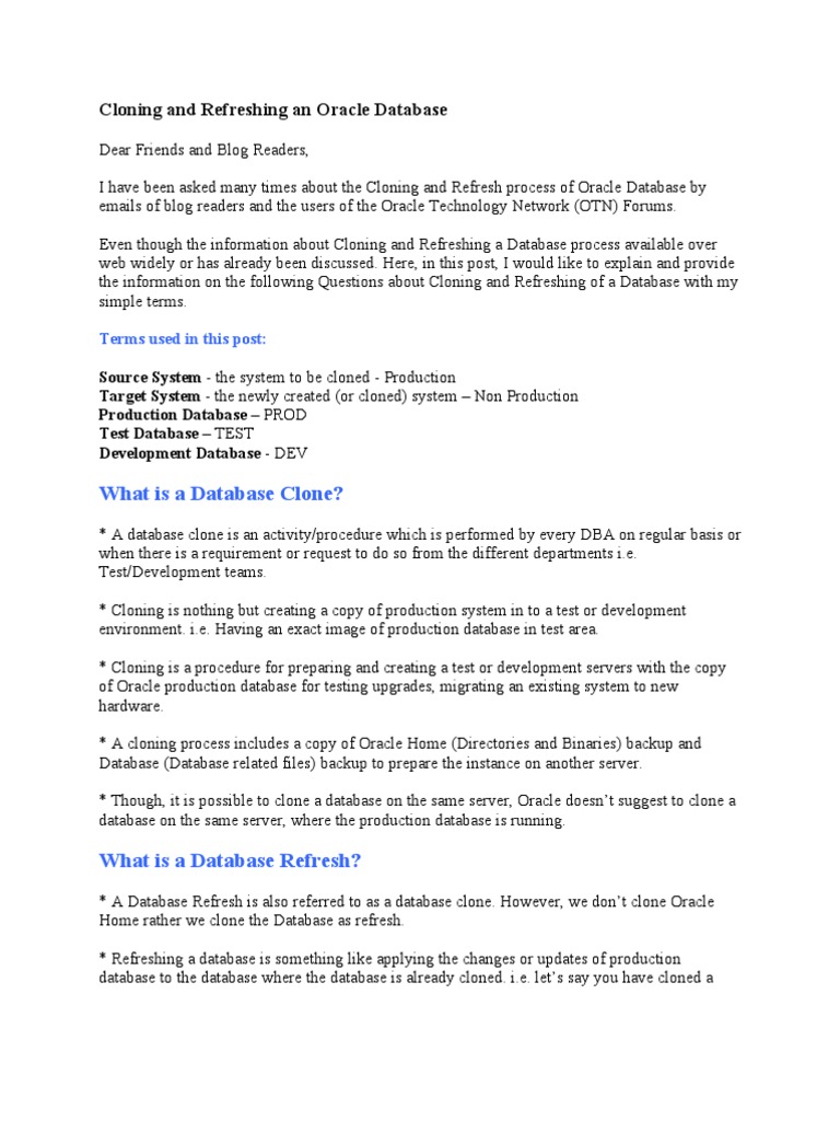 Cloning and Refreshing An Oracle Database | PDF | Oracle Database | Backup