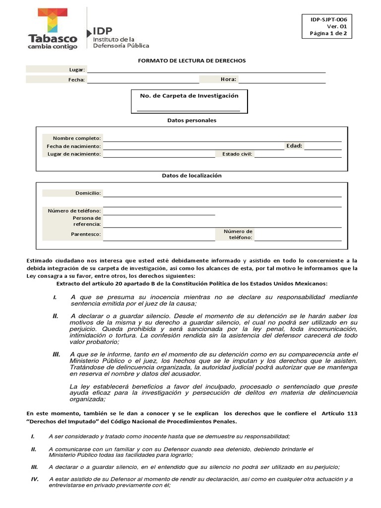 006 Formato Lectura de Derechos | PDF | Detención (encarcelamiento ...