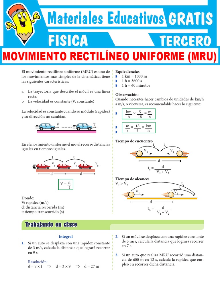 Ejercicios de Movimiento Rectilíneo Uniforme para Primer Grado de ...