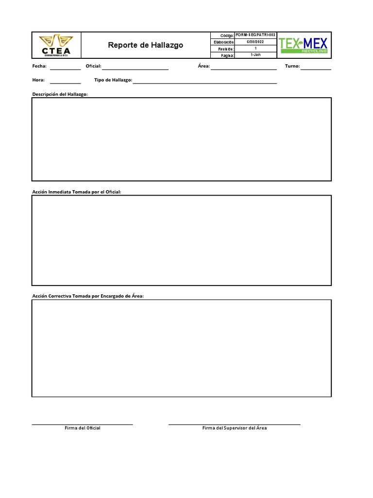 FORM-SEGPATRI-002 Reporte de Hallazgo | PDF