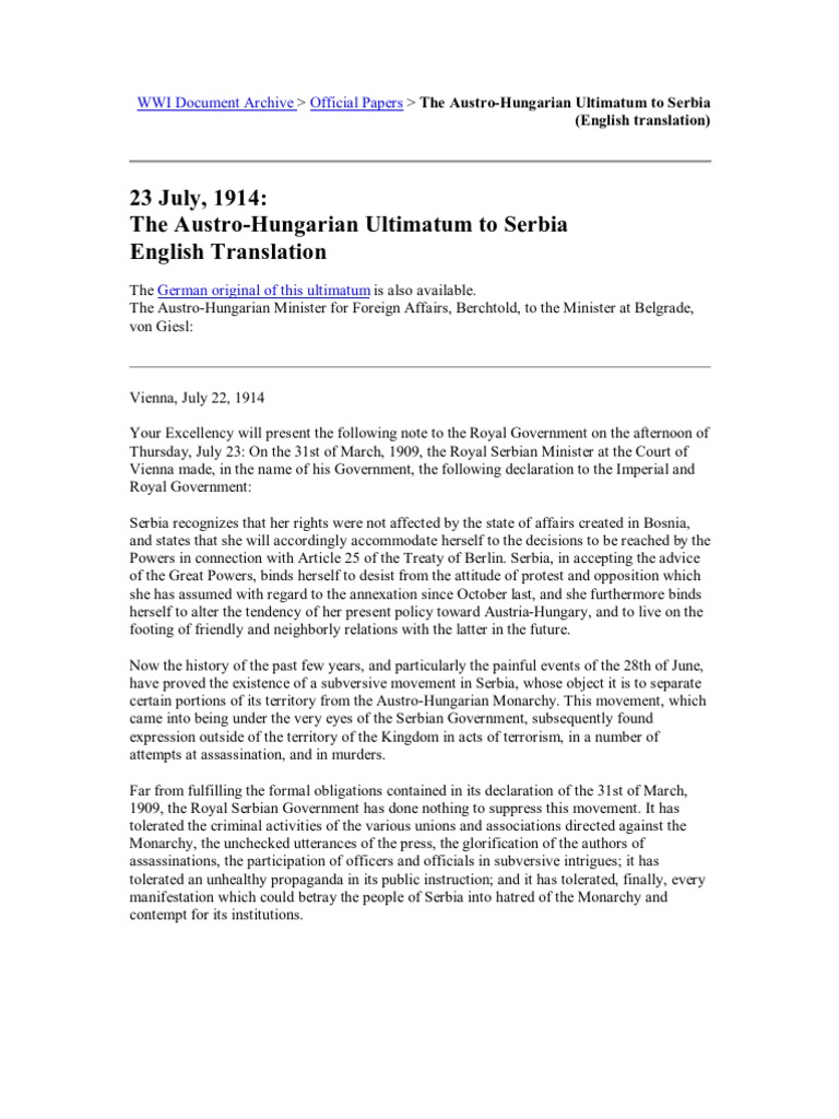 Austro Hungarian Ultimatum To Serbia | PDF | Austria Hungary | Serbia