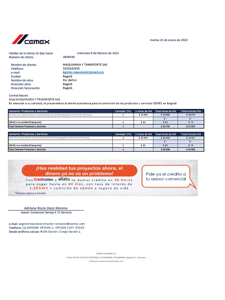 Cemex - Cotizacion Cemento 2839549 | PDF | Hormigón | Economias