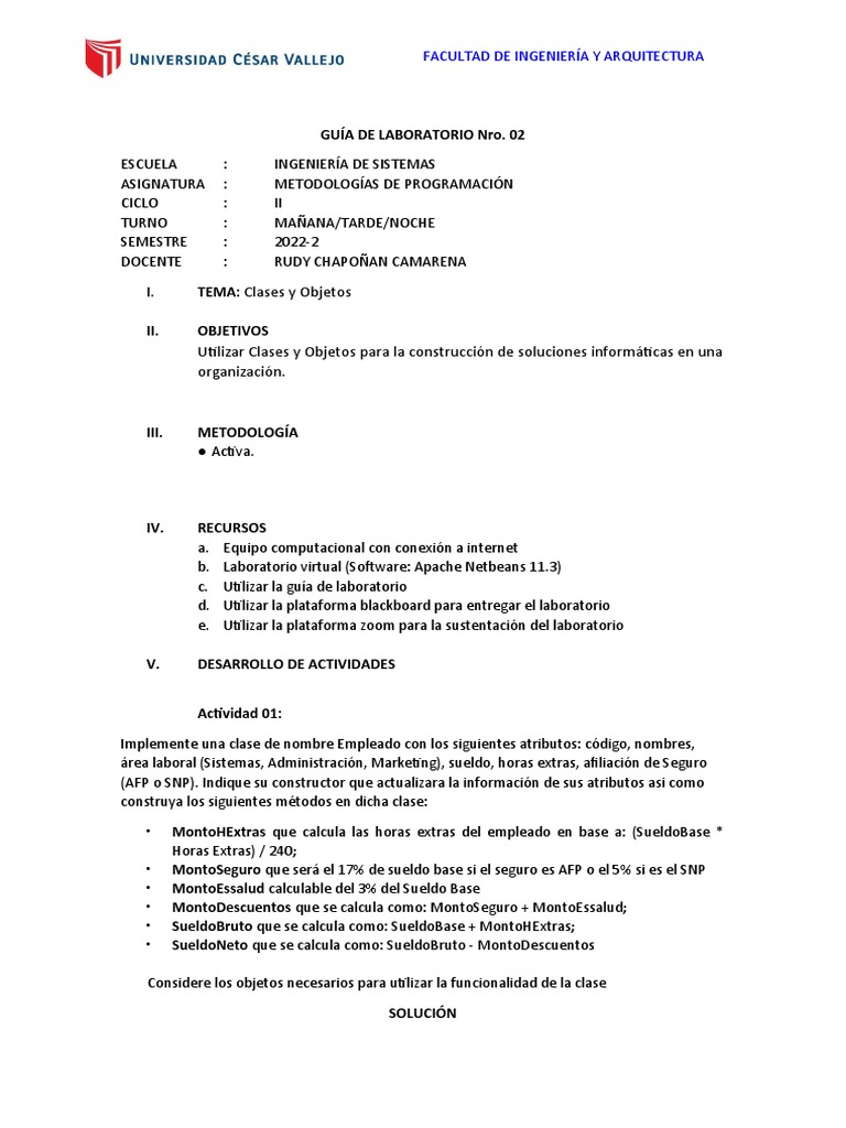 Lab02 Clases Objetos | PDF | Java (lenguaje de programación) | Ingeniería