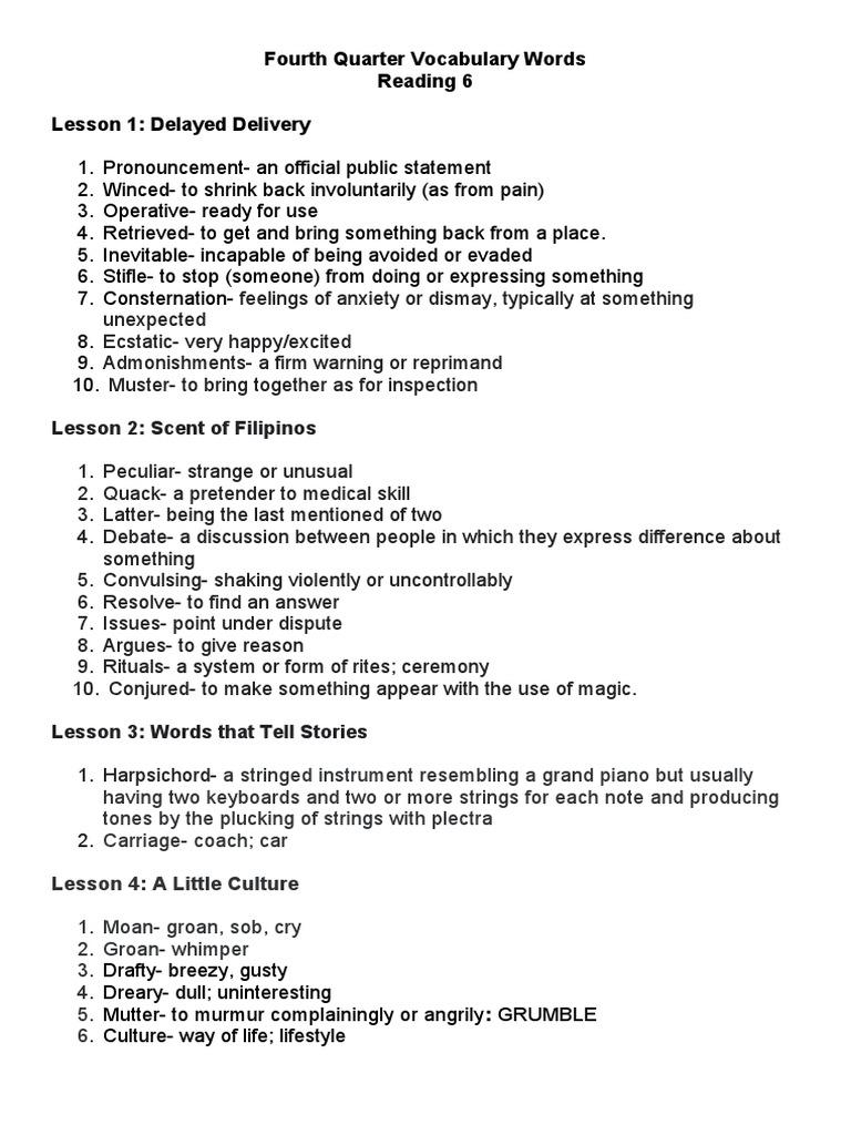Fourth Quarter Vocabulary Lessons | PDF | Home & Garden
