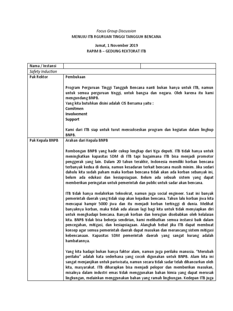 (FINAL) Notulensi FGD Perguruan Tinggi Tangguh Bencana - Renza | PDF