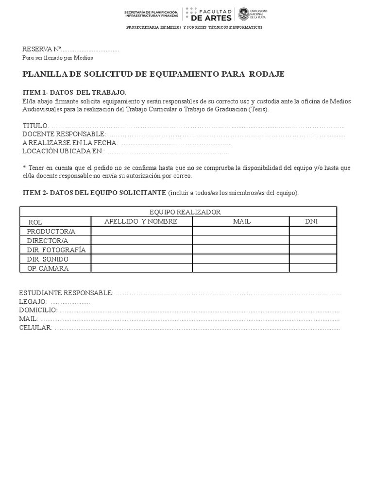 Planilla de Solicitud de Equipamiento para Rodaje EDITABLE | PDF Planilla de Solicitud de Equipamiento para Rodaje EDITABLE | PDF