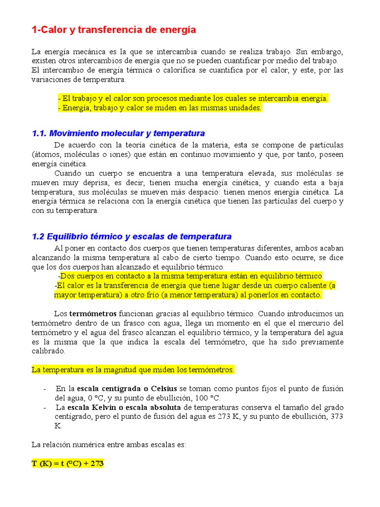 Calor y Transferencia de Energía Térmica | PDF | Calor | Expansión térmica
