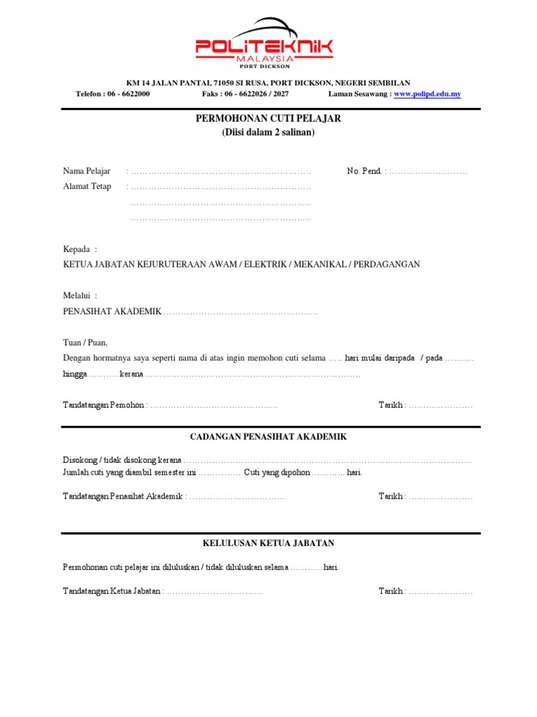 Formulir Permohonan Cuti Pelajar | PDF | Karier & Perkembangan