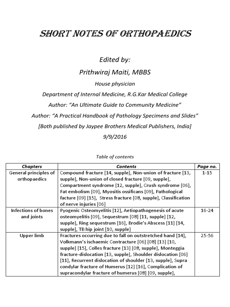 Short Notes of Orthopaedics | PDF | Elbow | Hand