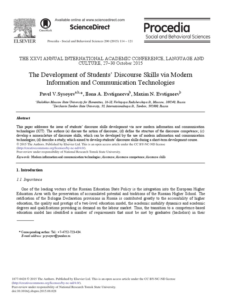 The Development of Students Discourse Skills Via Modern Information and Communication ...