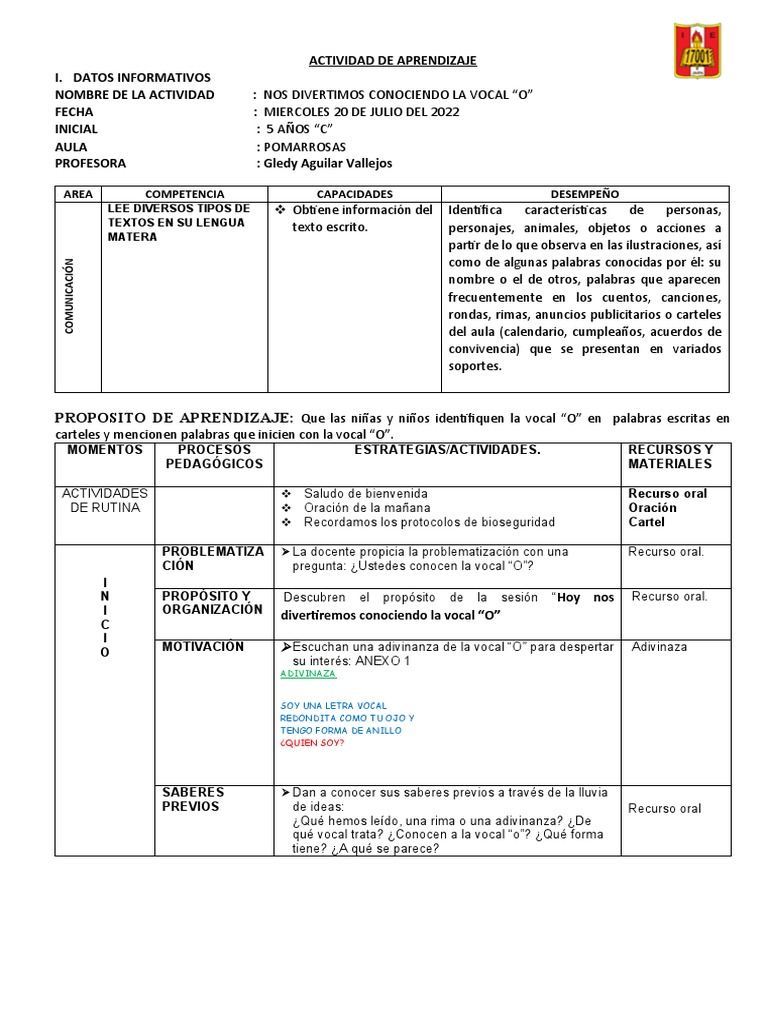 Nos Divertimos Con La Vocal O | PDF | Aprendizaje