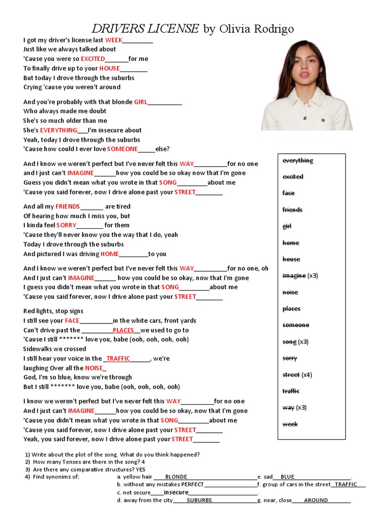 Olivia Rodrigo's "Drivers License" Lyrics | PDF