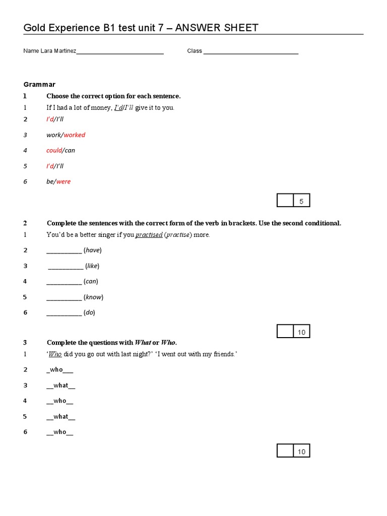 Gold Experience B1 Test Unit 7 ANSWER SHEET | PDF