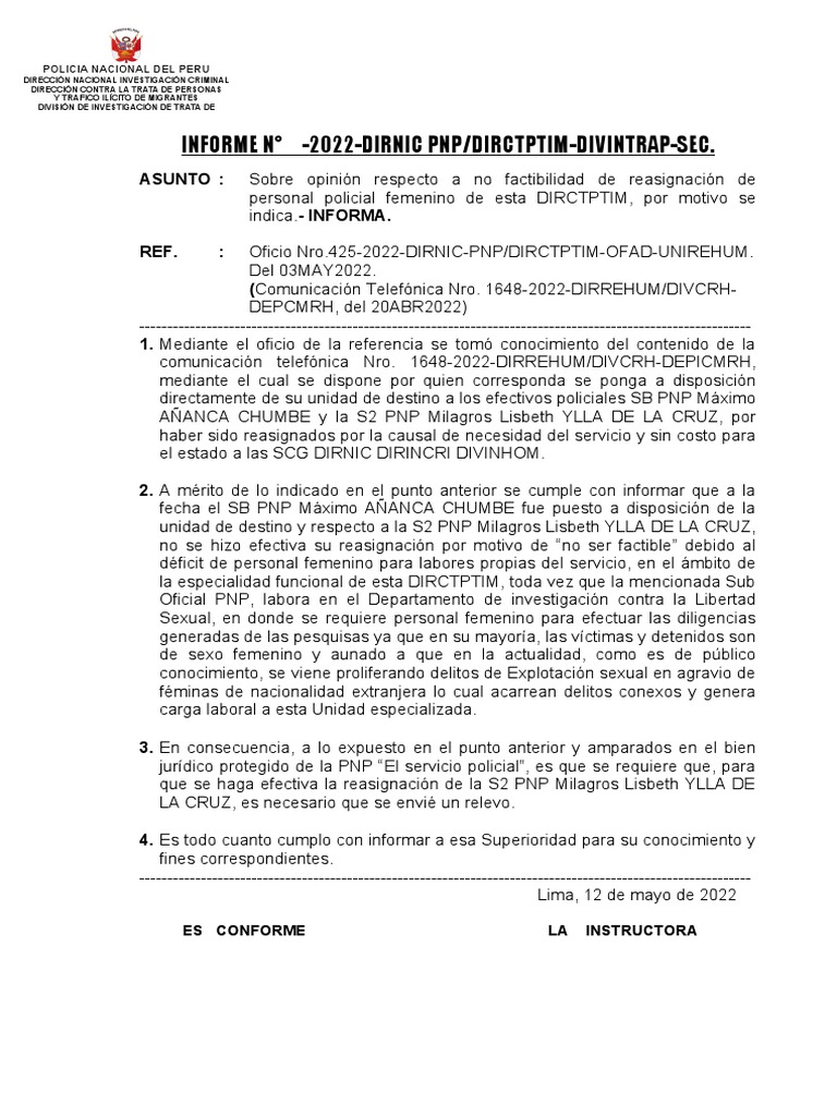 Informe No Factibilidad de Reasignacion | PDF | Policía | Justicia