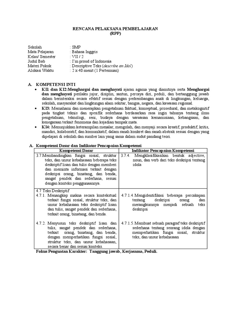 RPP KD 7 PERTEMUAN 3 - Descriptive Teks (Describe An Idol) | PDF
