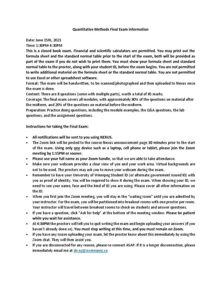 Instructions For Students For Quantitative Methods Final Exam Pdf