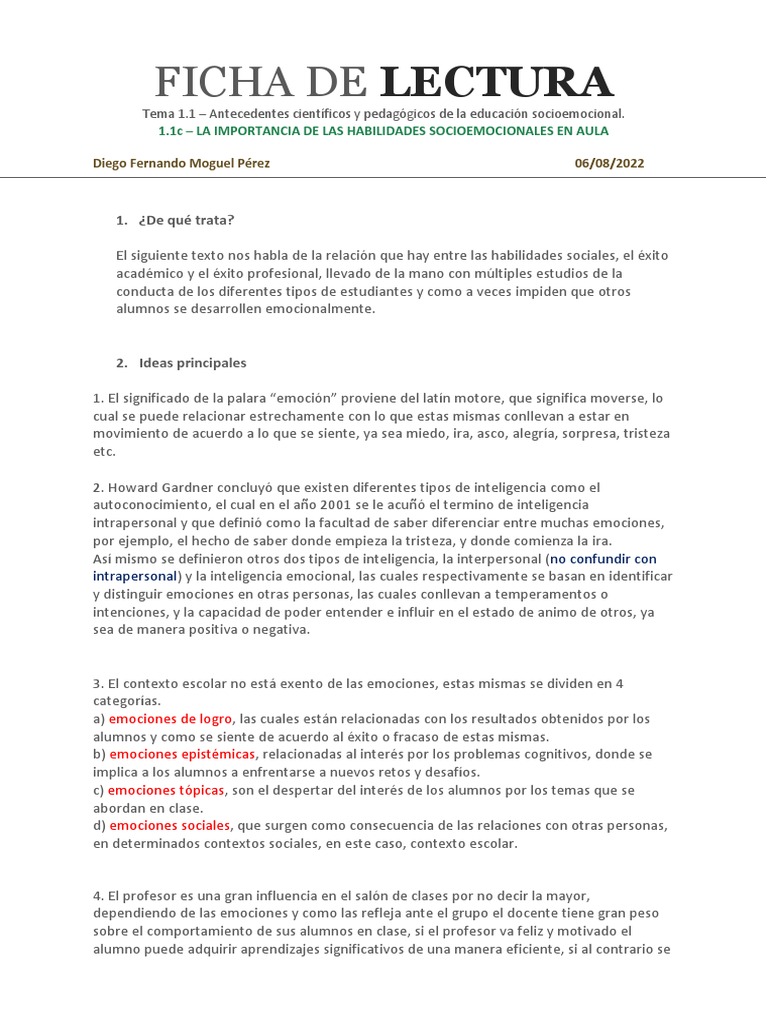 Ficha de Lectura 3 | PDF | Las emociones | Maestros