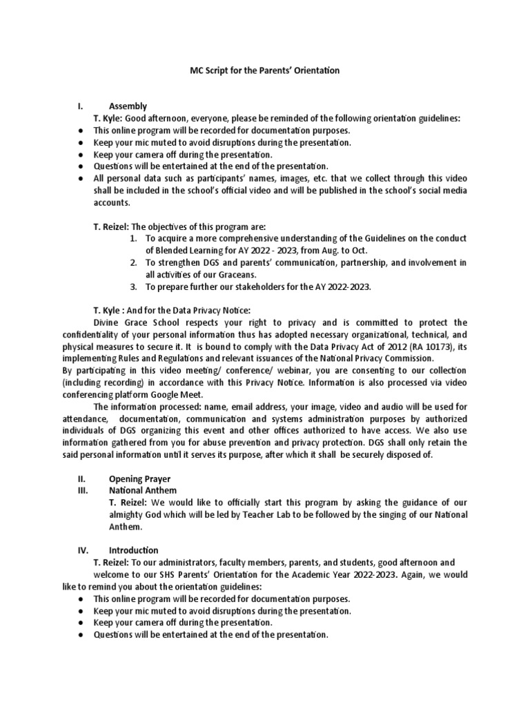 MC Script for Parents' Orientation | PDF | Privacy | Information Privacy