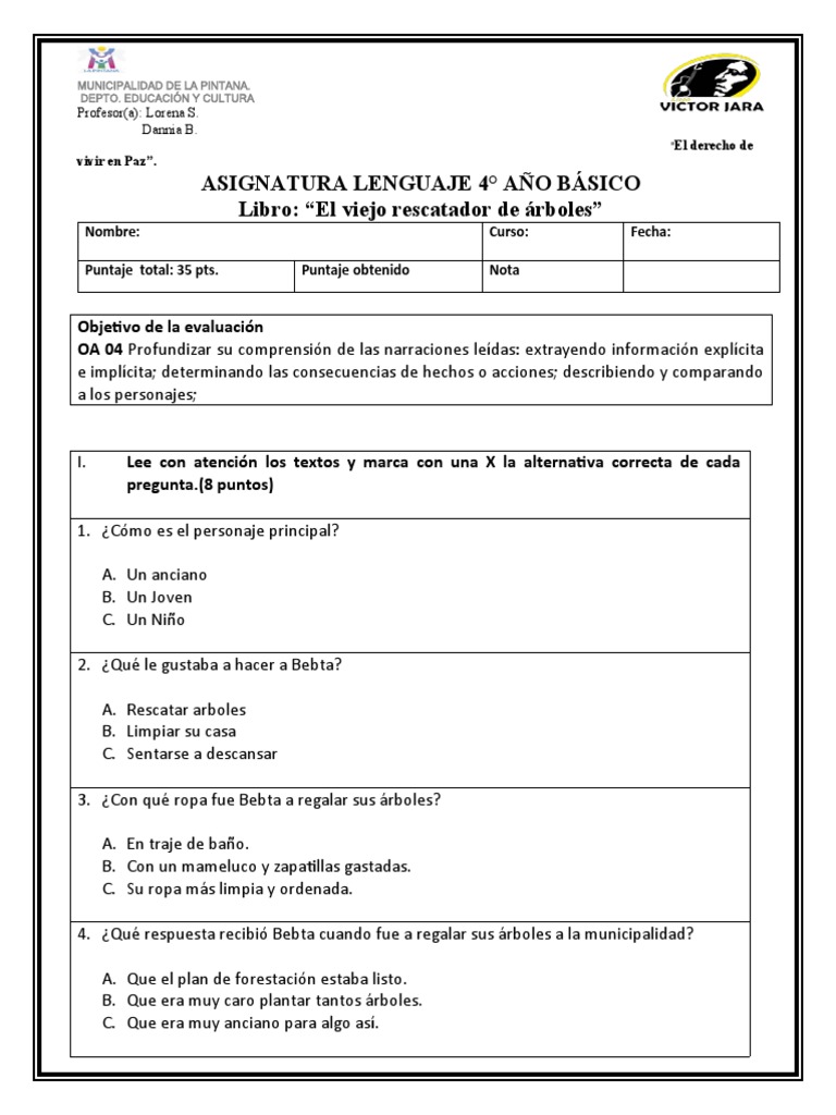 Evaluación Libro EL VIEJO RESCATADOR DE ÁRBOLES | PDF