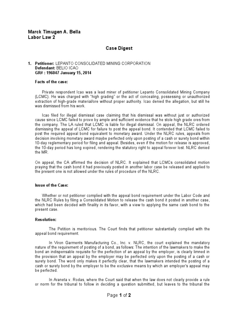 Case Digest GR 196047 MBella | PDF | Supersedeas Bond | Bail