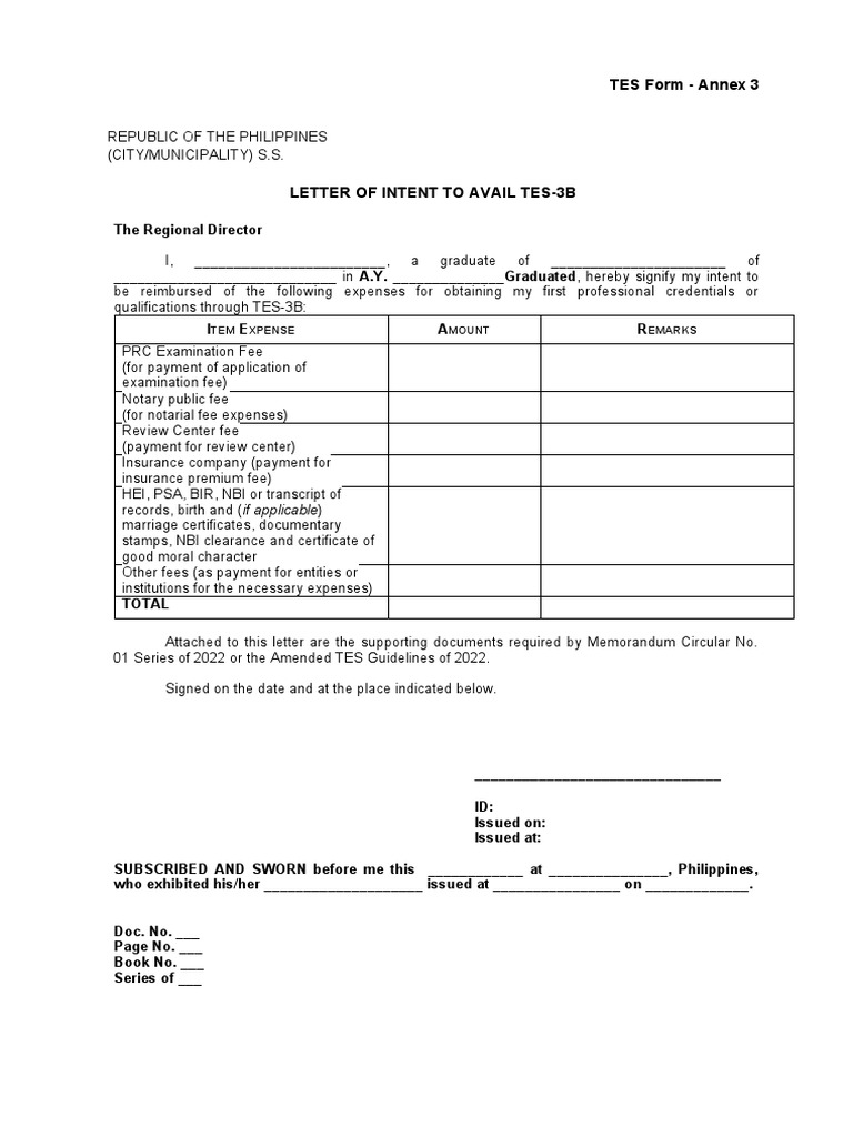 TES-3B Reimbursement Intent Letter | PDF | Career & Growth | Finance ...