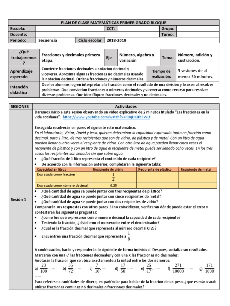 Plan de Clase: Fracciones y Decimales 1° Grado | PDF | Aritmética ...