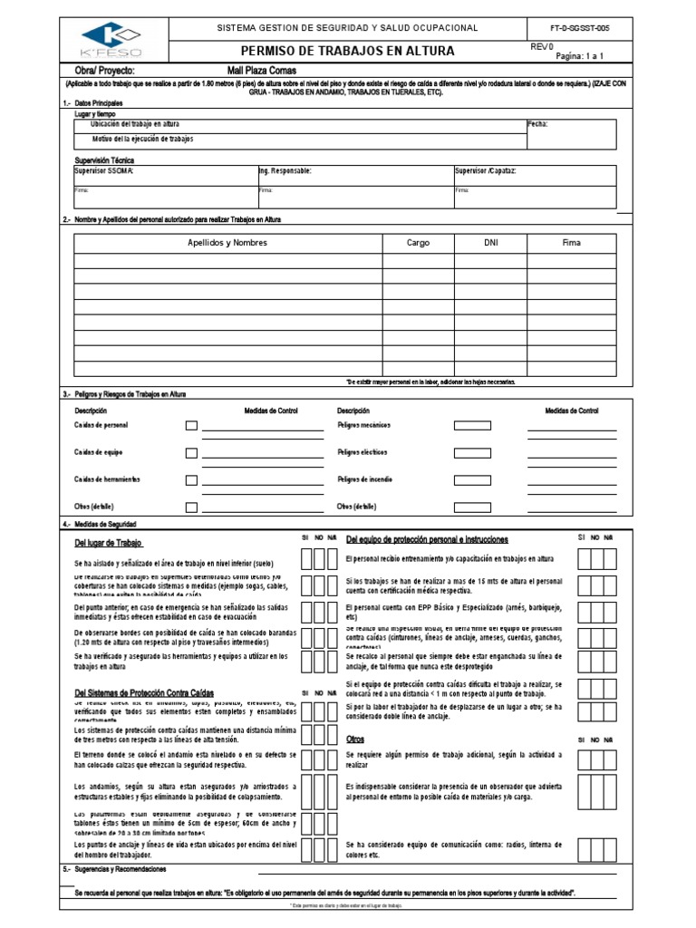 FT-D-SGSST-005 Formato de Trabajos en Altura | PDF FT-D-SGSST-005 Formato de Trabajos en Altura | PDF