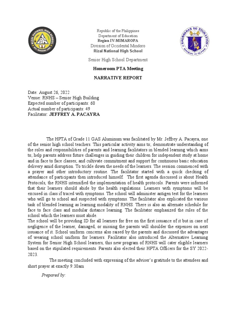 Narrative PTA Meeting 2022 | PDF | Learning | Behavior Modification