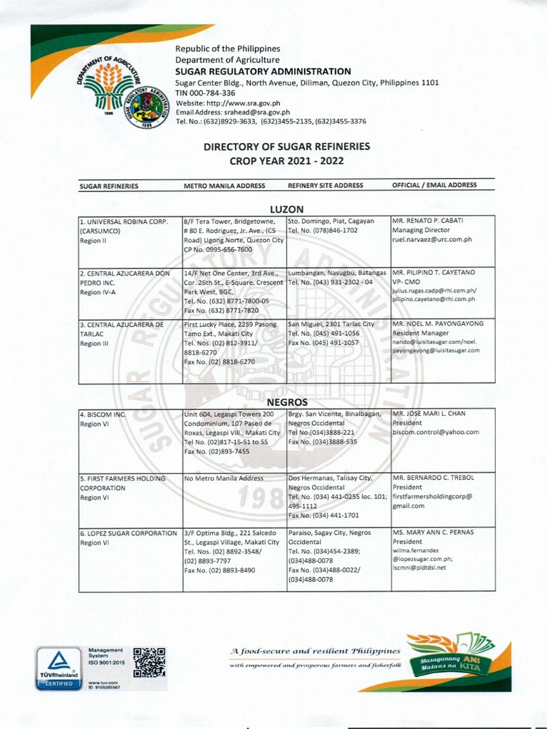 Directory Sugar Refineries 2021 2022 | PDF | Makati | Economy Of The ...